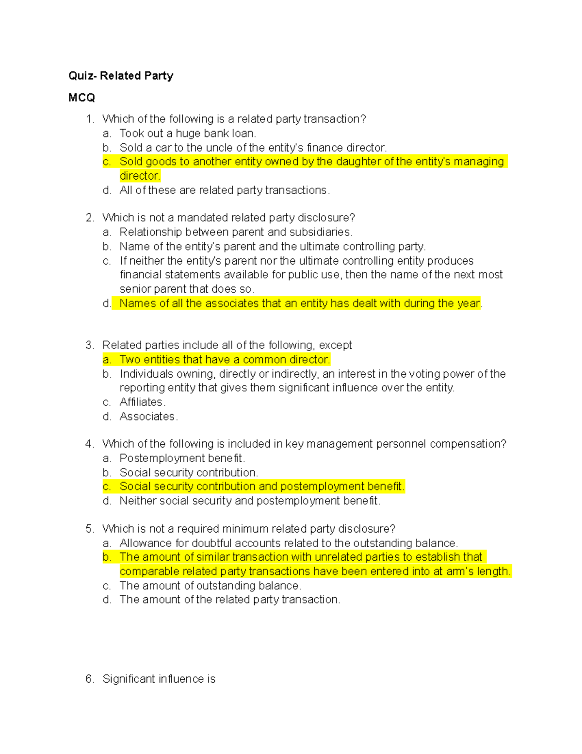 Quiz on Related Parties: Answer Key and Key Management Compensation ...