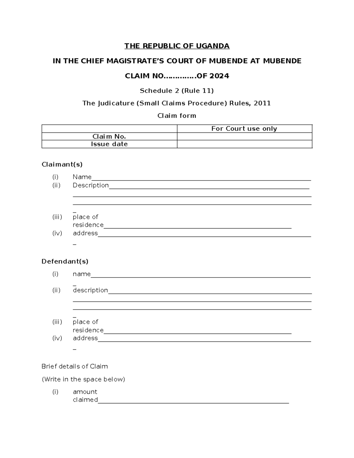 Draft Claim Form for Small Claims Procedure - Claim No. 2024 - Studocu