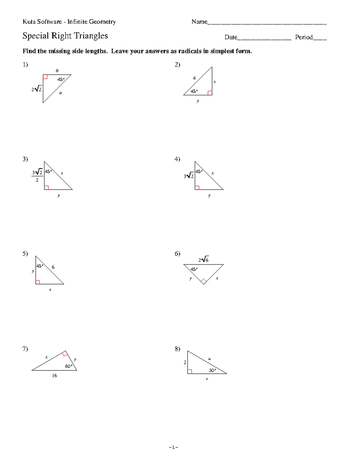 Kuta Software Infinite Geometry: Special Right Triangles Worksheet ...