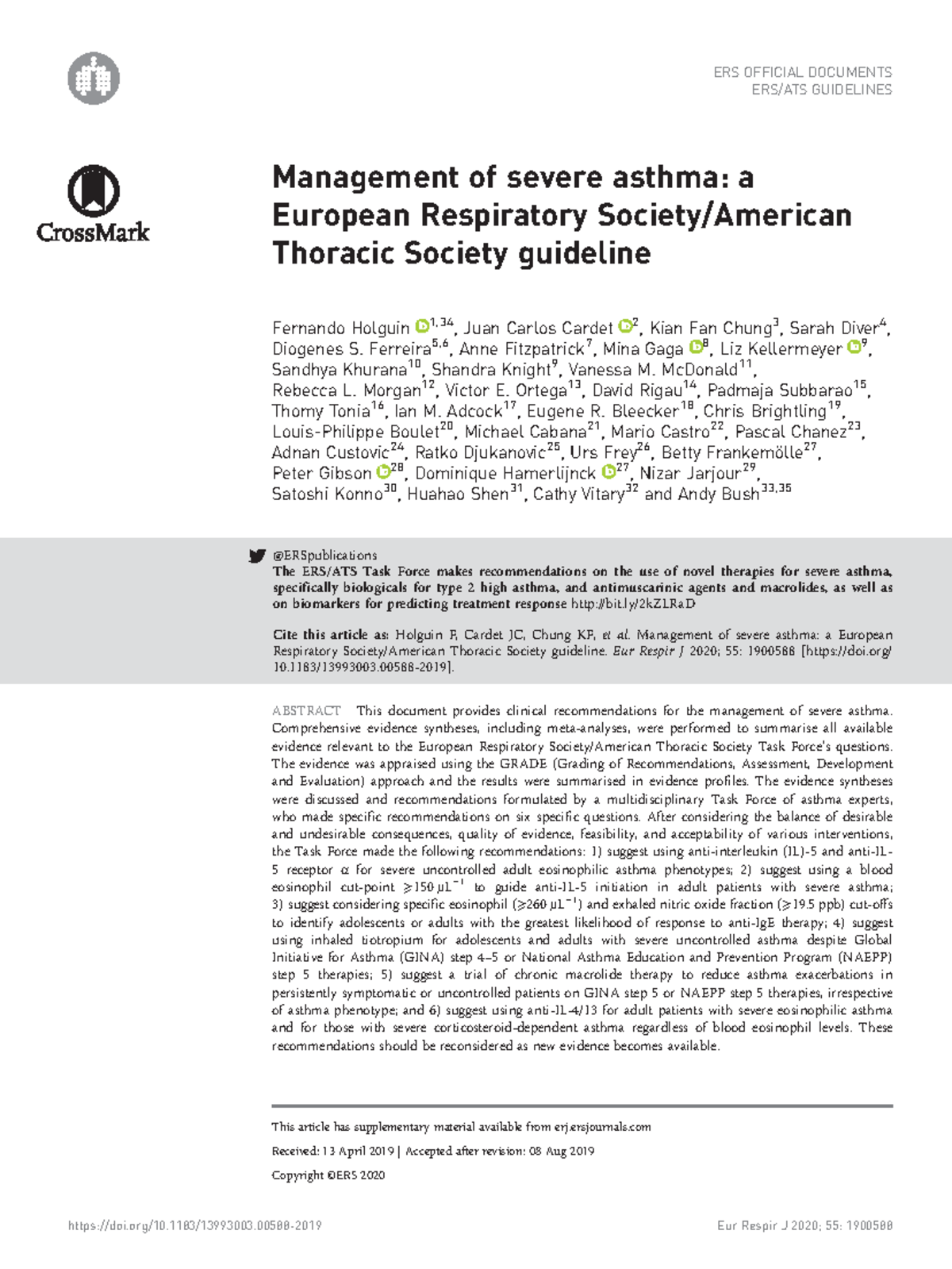 Guideline for Severe Asthma Management: ERS/ATS Recommendations (2020 ...