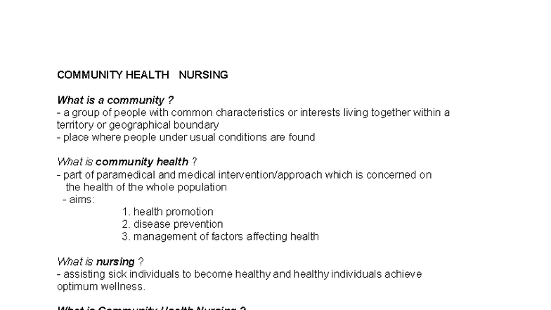CHN-Notes-2: Community Health Nursing Overview and Principles - Studocu