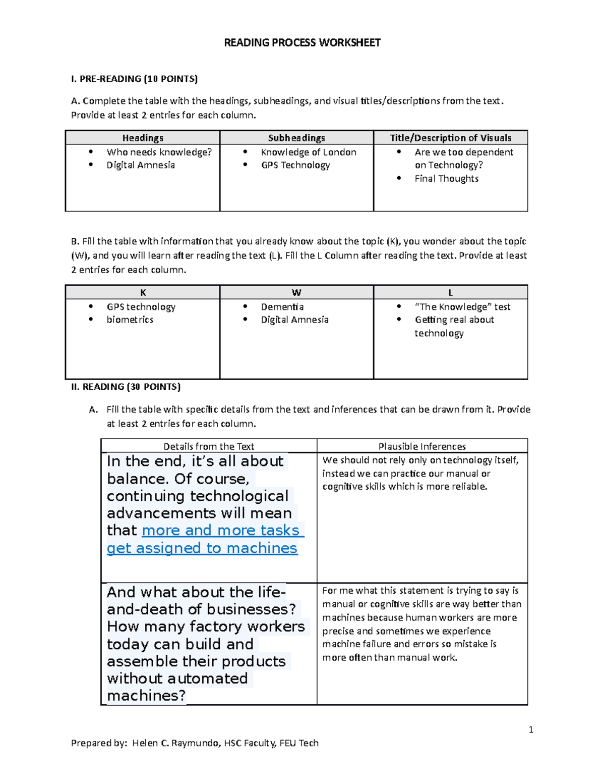 Reading progress worksheet - READING PROCESS WORKSHEET I. PRE-READING ...