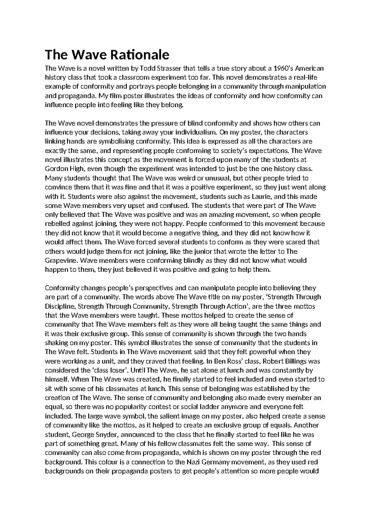 English rationale - the wave - The Wave Rationale The Wave is a novel ...
