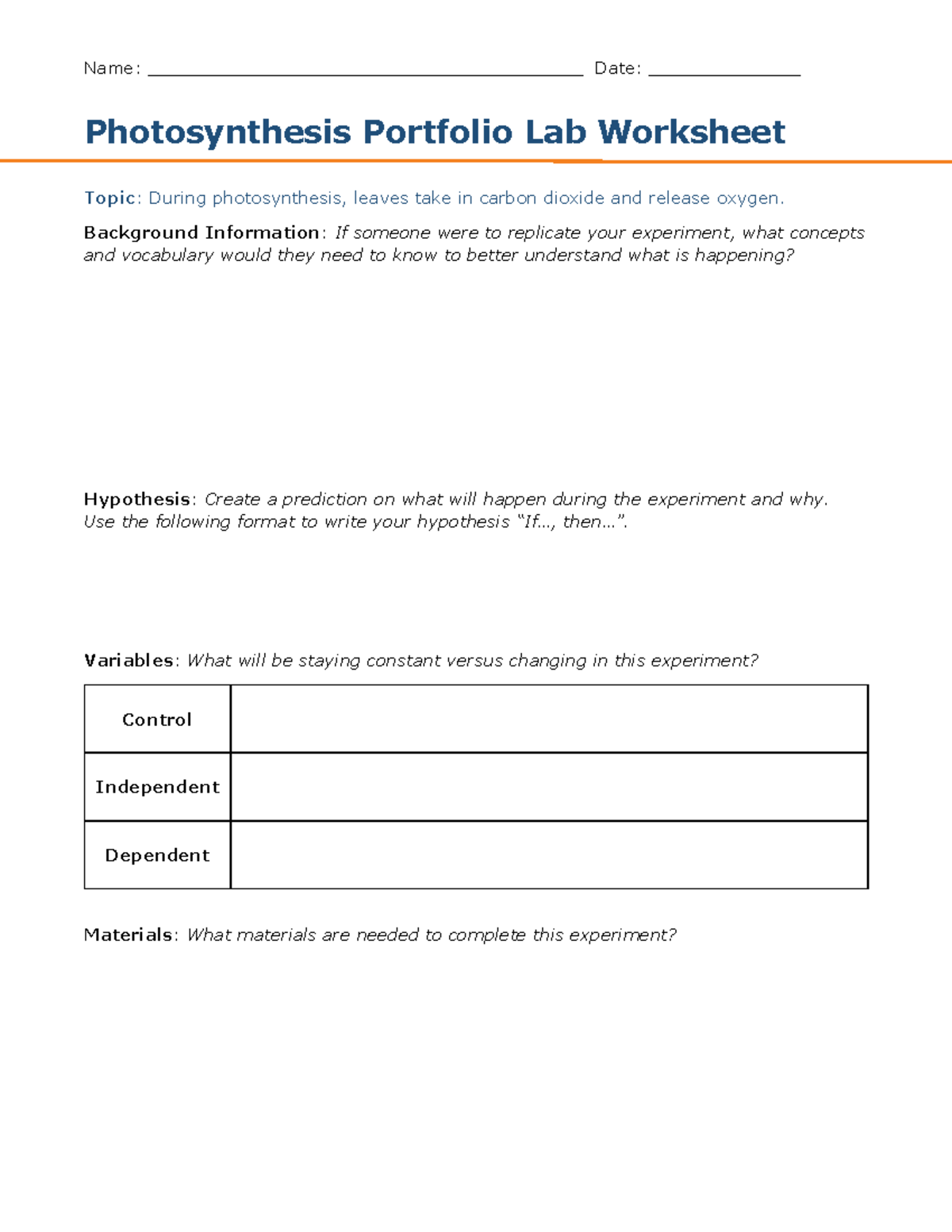 Photosynthesis Lab Worksheet: Essential Concepts & Experiment Steps ...
