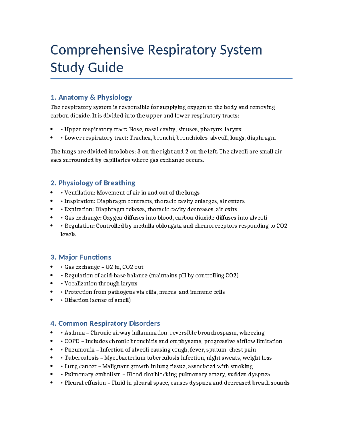 Respiratory System Study Guide: Anatomy, Physiology & Disorders - Studocu