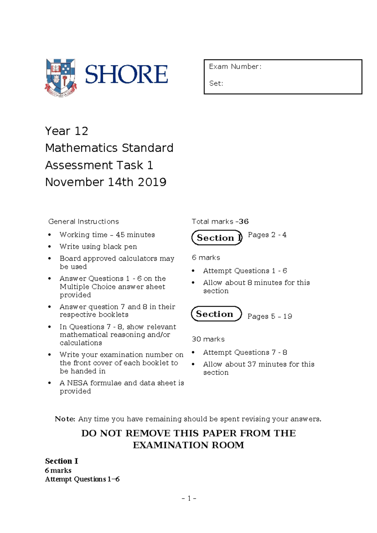 2019 Year 12 Mathematics Standard Assessment Task 1 Exam Paper - Studocu