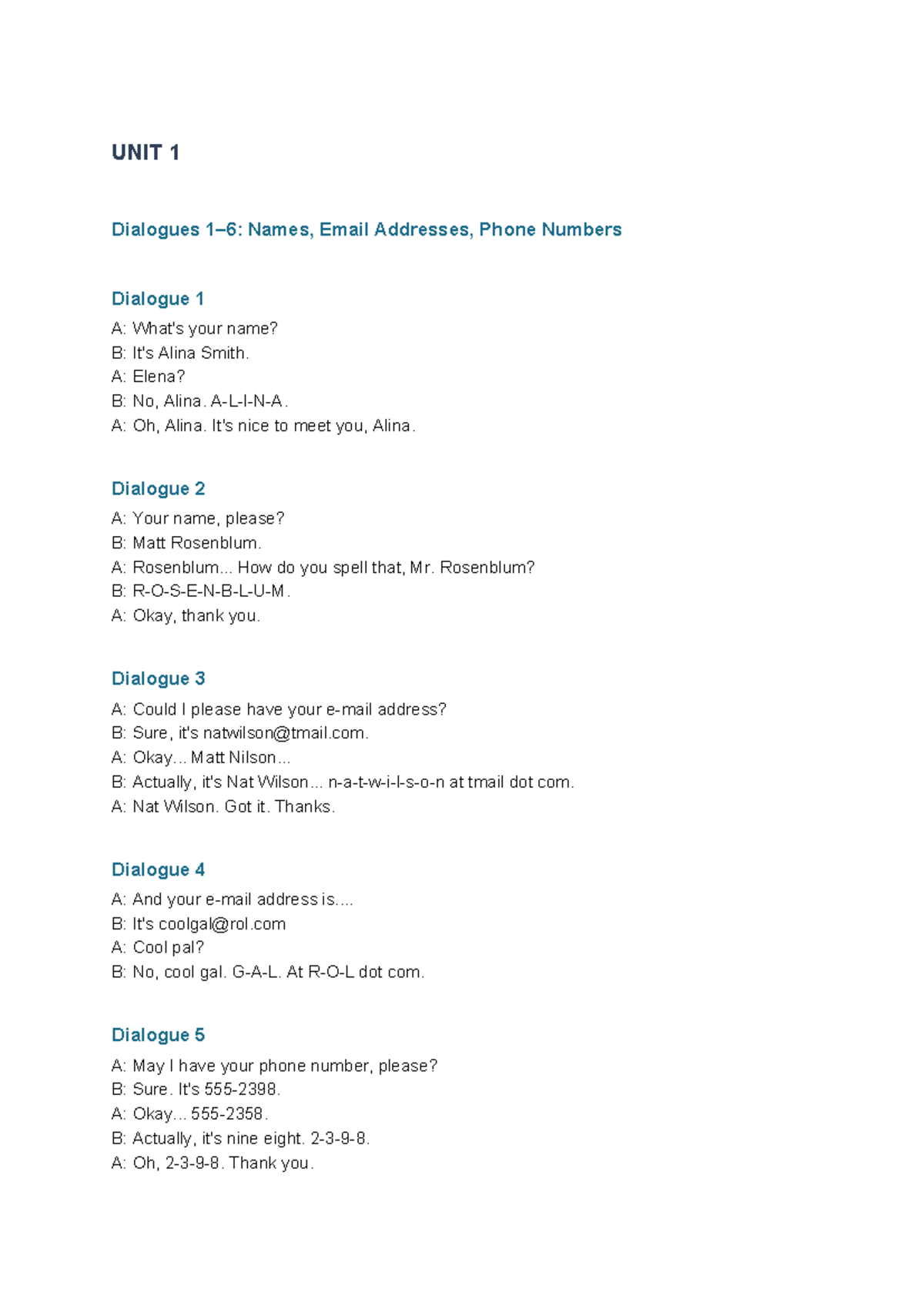 Unit 1 & 2 Dialogues: Names, Contacts, and Descriptions - KNJIGVY7 ...