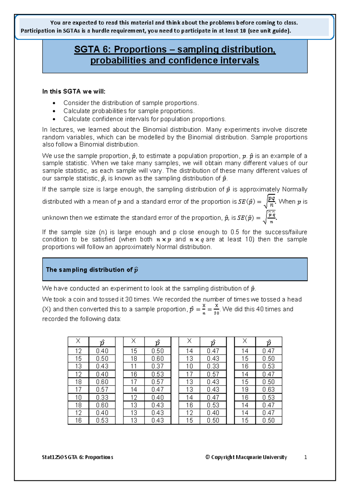 Stat1250 SGTA6 - Class work - SGTA 6: Proportions – sampling distribution, probabilities and ...
