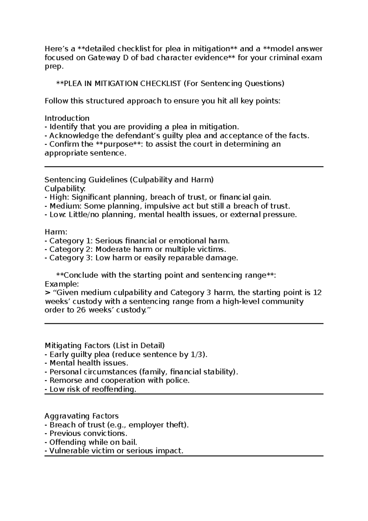 Plea in Mitigation Checklist for Criminal Exam Prep - Studocu