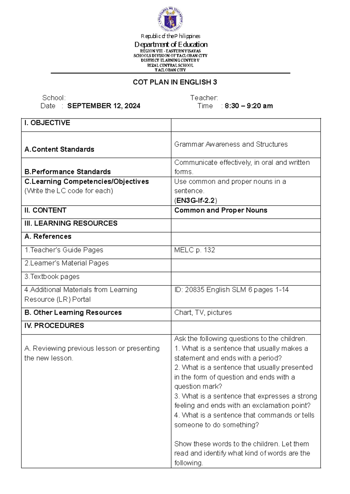 COT Plan for English 3: Common and Proper Nouns Activities - Studocu
