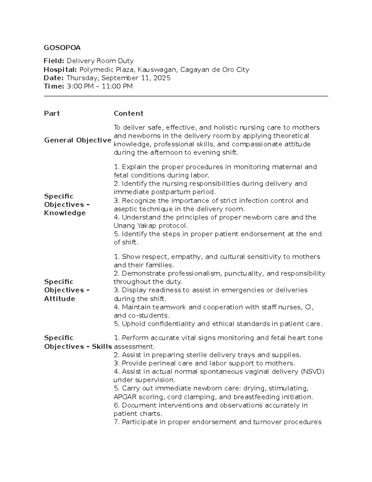 GOSOPOA Field Duty: Delivery Room Experience & Insights - Studocu