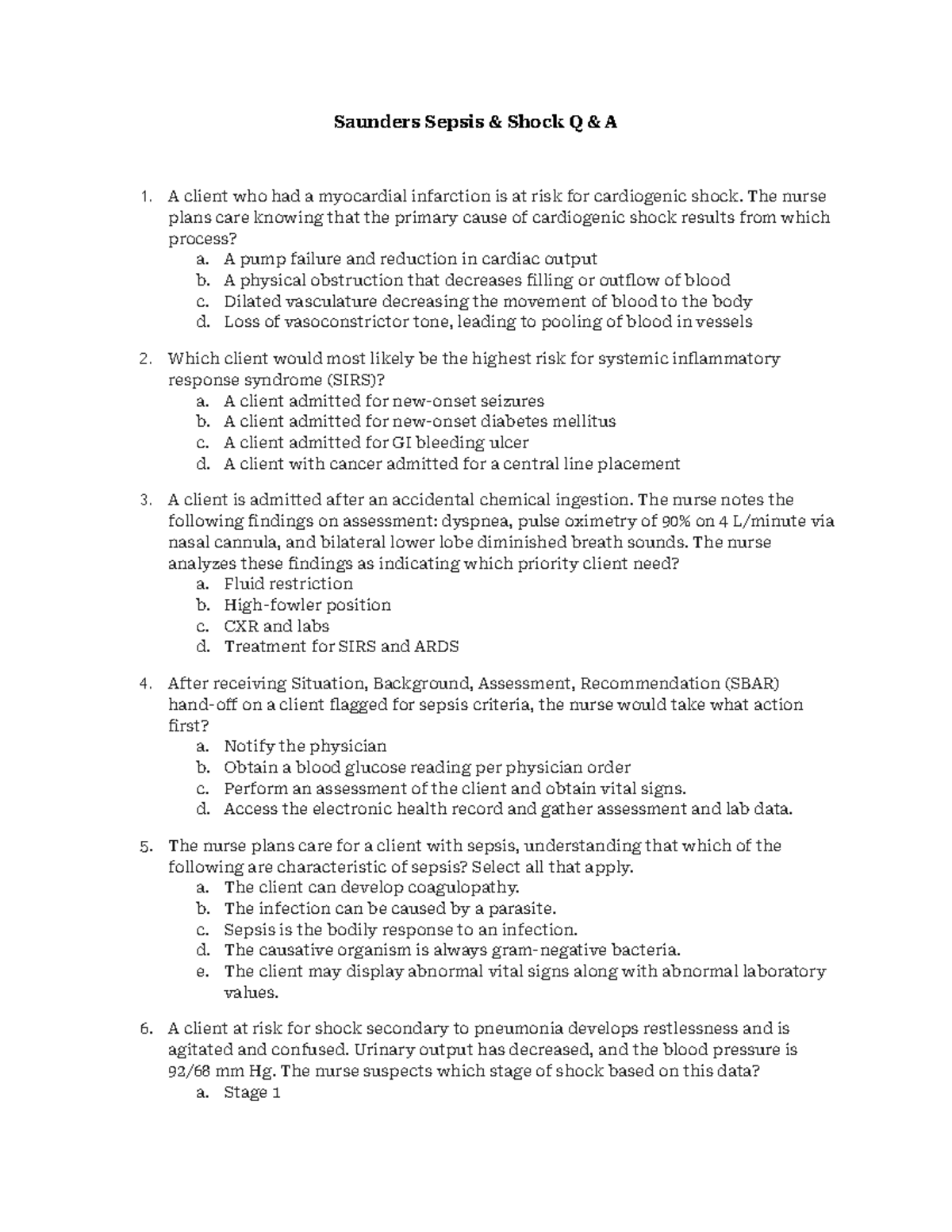 Saunders NUR 335 Sepsis & Shock Q&A Study Questions and Answers - Studocu