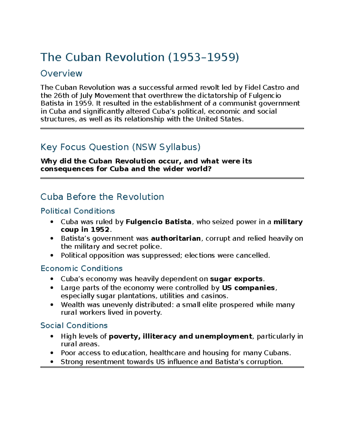 NSW Preliminary Modern History – Cuban Revolution Overview Notes - Studocu