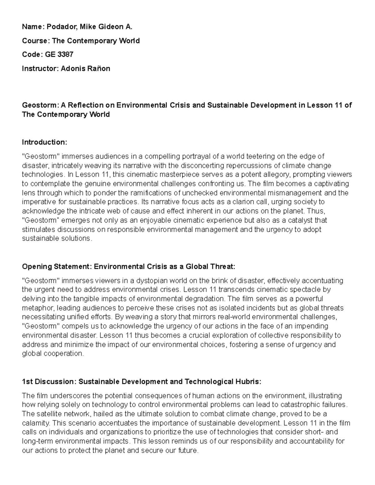 Reflection Paper on "Geostorm" - GE 3387 Lesson 11 Insights - Studocu