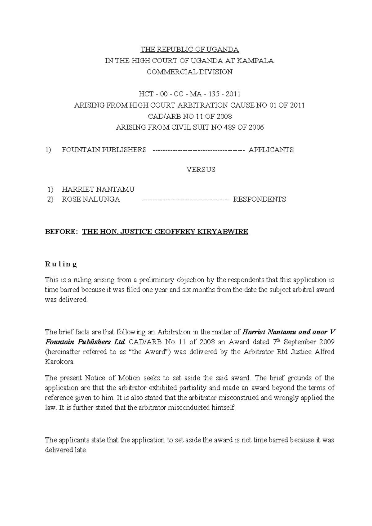 HCT 00 CC MA 135 2011: Ruling on Time Bar for Setting Aside Award - Studocu
