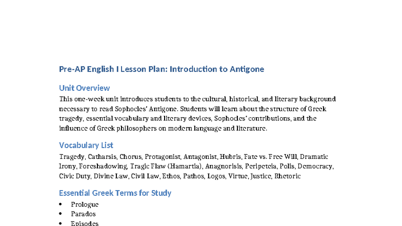 Pre AP English I Lesson Plan: Antigone Unit Overview - Studocu