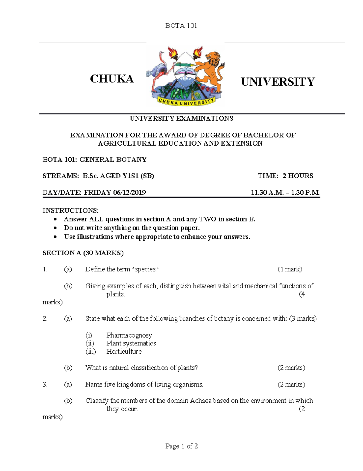 BOTA 101 - General Botany Past Exam Paper for B.Sc. AGED Y1S1 - Studocu