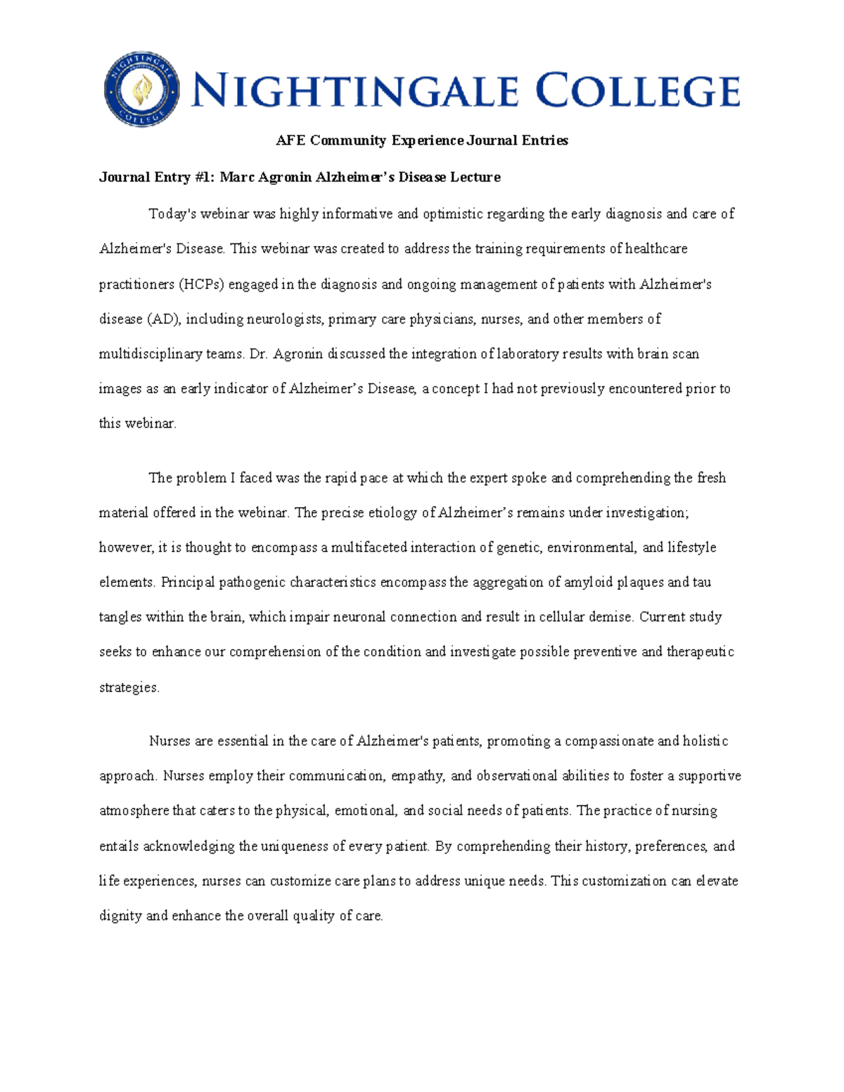BSN 346 - AFE Community Experience Journal Entries and Reflections ...