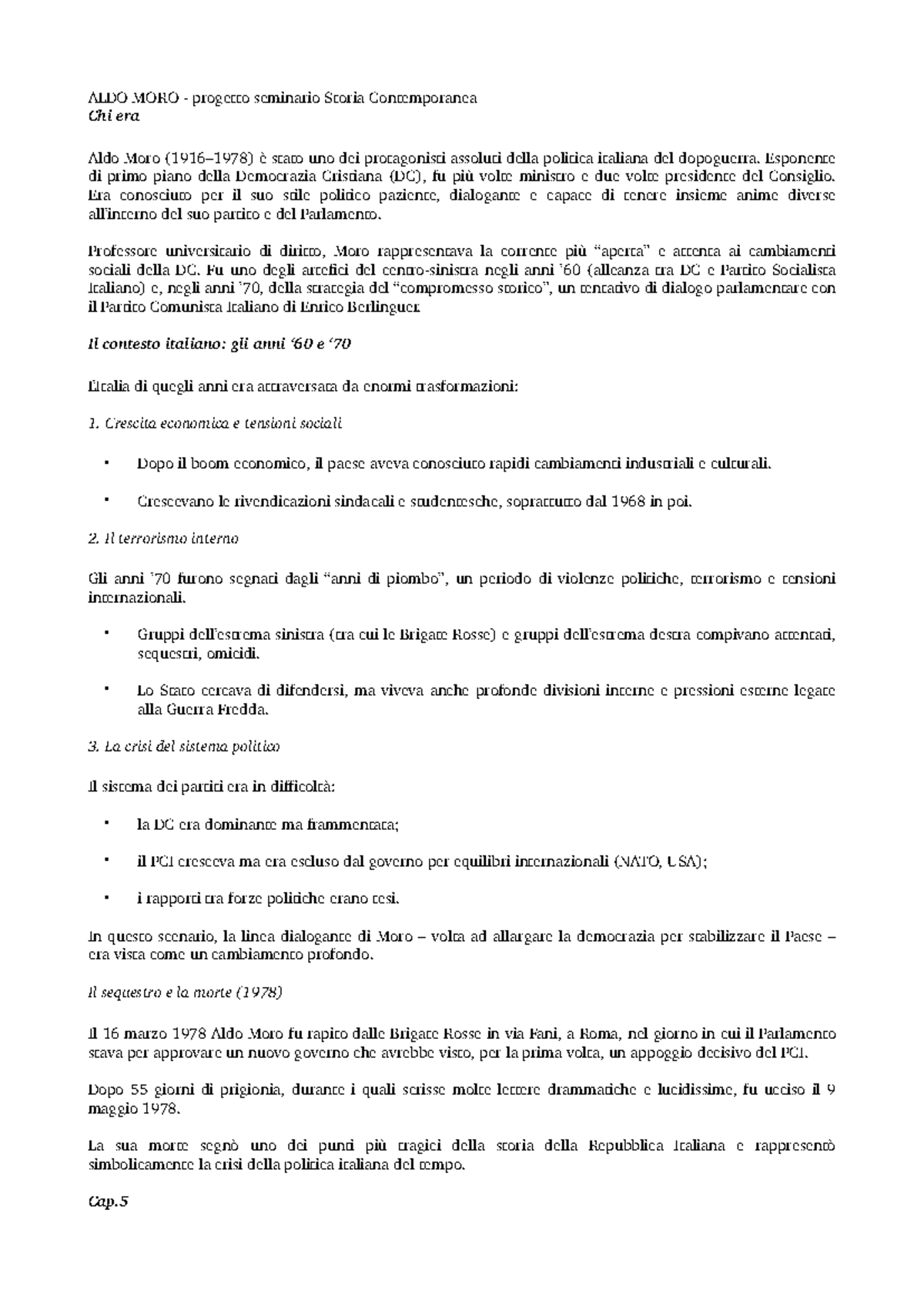 ALDO MORO - Approfondimento sui Processi e la Politica Italiana - Studocu