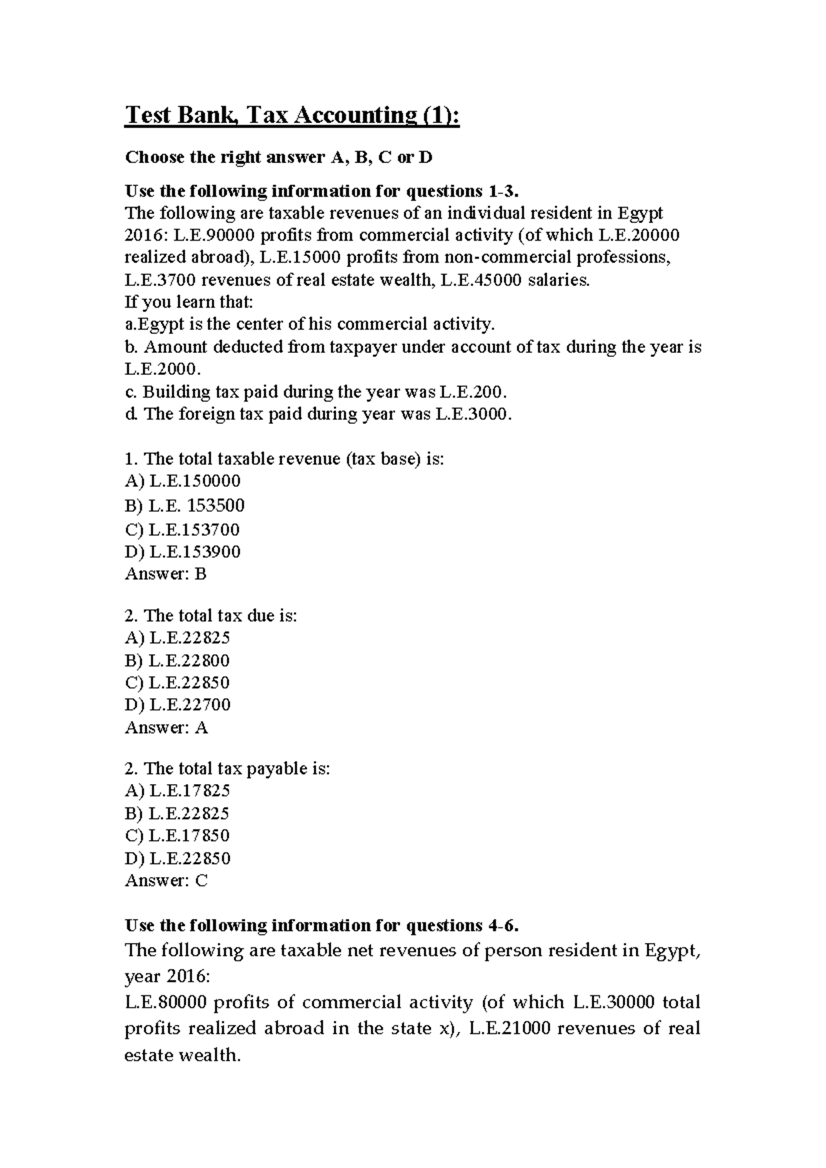 Tax Accounting Test Bank (1): Multiple Choice Questions and Answers ...