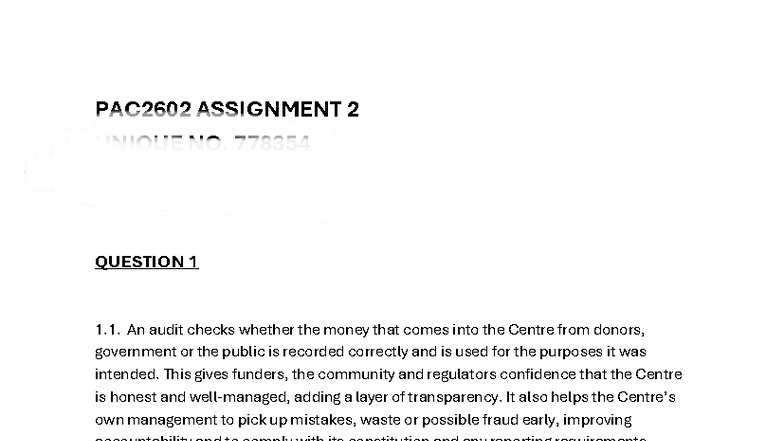 PAC2602 Assignment 2: Audit Importance & Financial Management - Studocu
