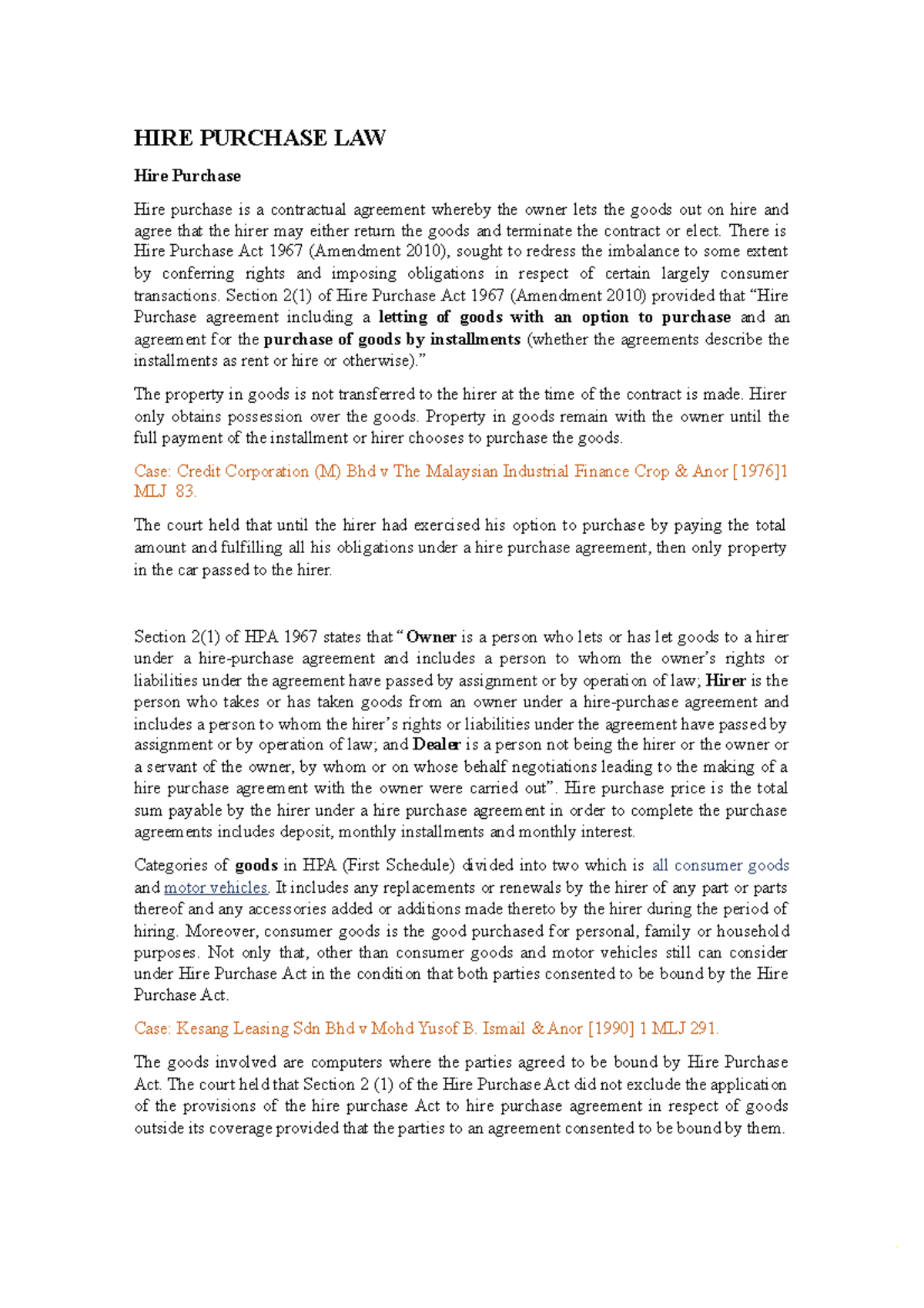 HIRE PURCHASE LAW: Comprehensive Notes on HPA 1967 & Key Cases - Studocu