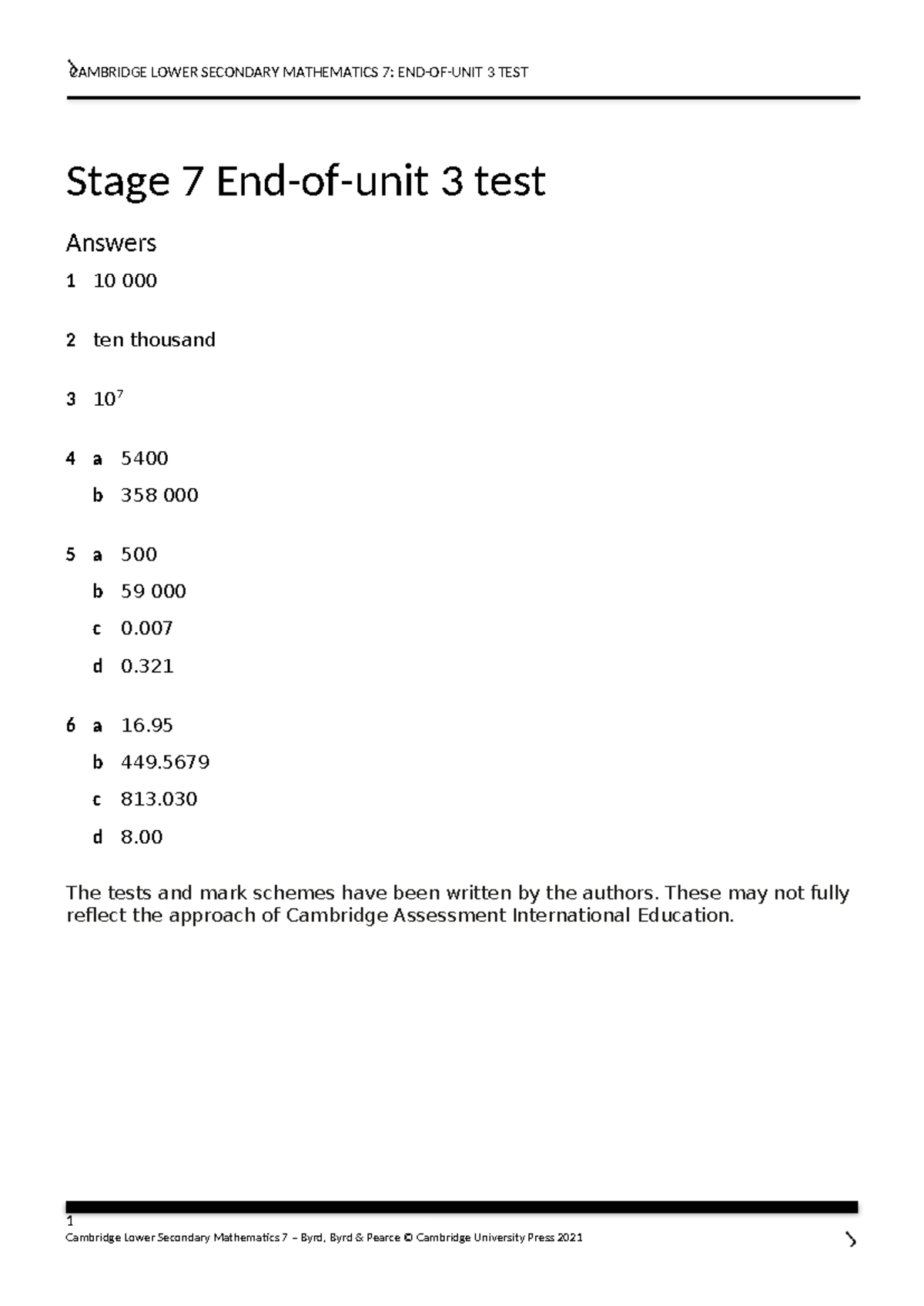 End of Unit 3 Test Answers - CAMBRIDGE LOWER SECONDARY MATHEMATICS 7 ...