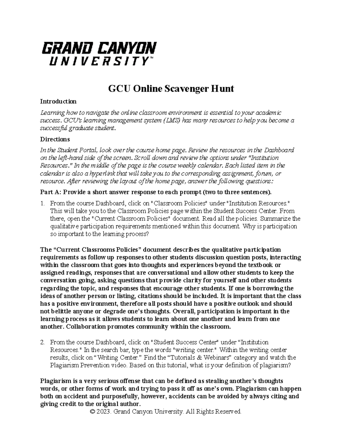 GCU COE Online Scavenger Hunt Assignment Overview - Studocu