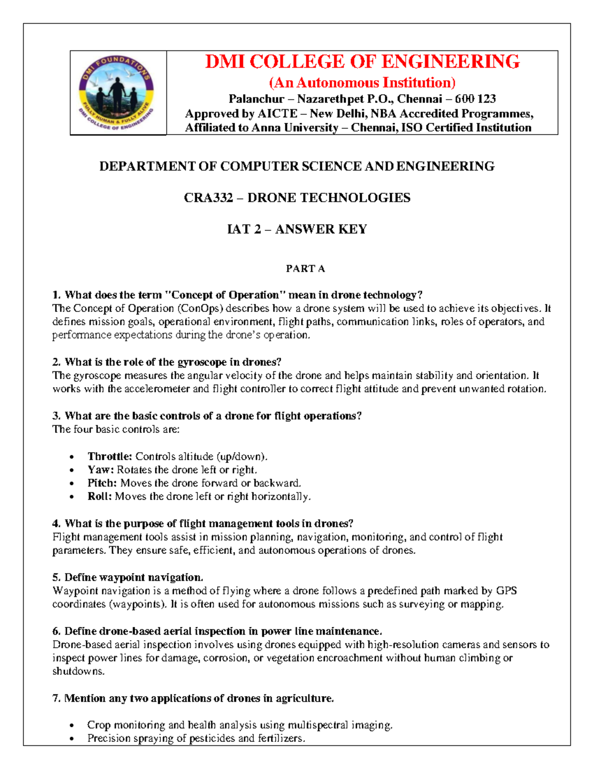 IAT 2 Answer Key for CRA332: Drone Technologies Insights - Studocu