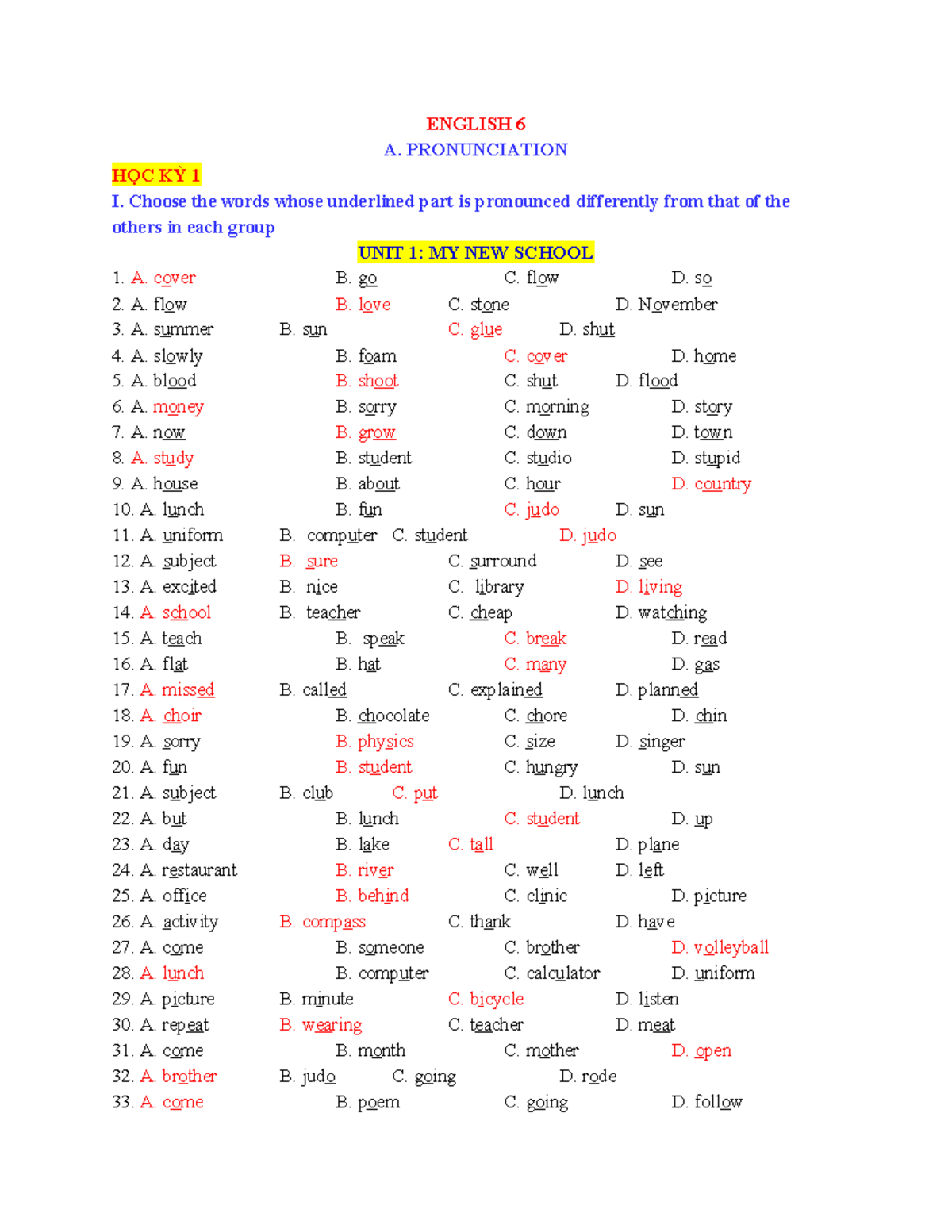 ENGLISH 6 A. PRONUNCIATION & STRESS HỌC KỲ 1 - Studocu
