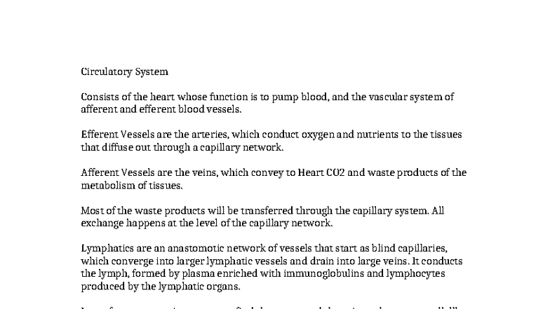 Circulatory System Overview: Heart & Blood Vessel Functions - Studocu