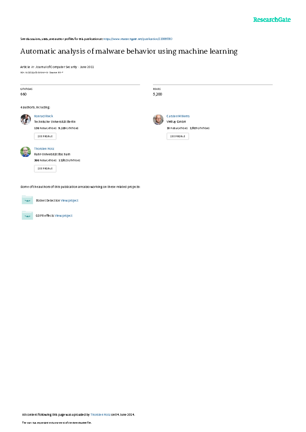 Automatic analysis of malware behavior using machi - See discussions ...