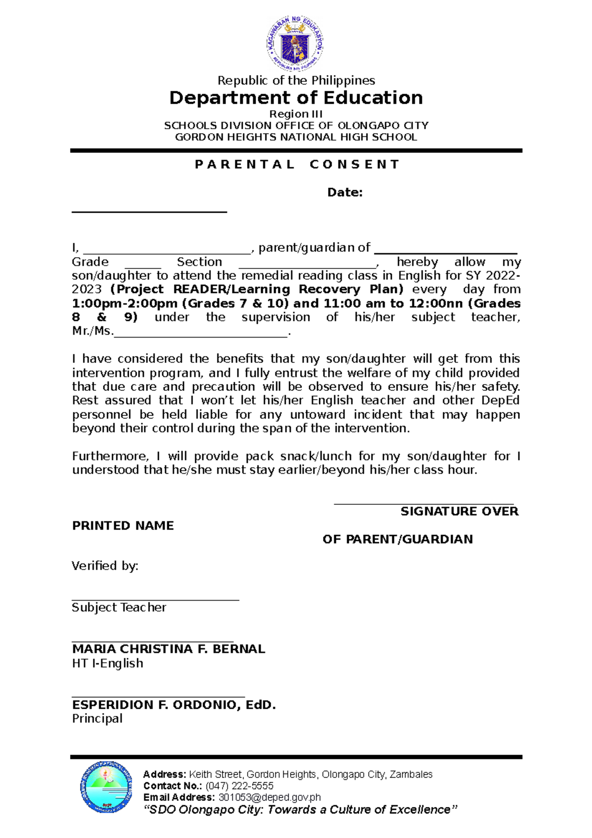 Parental Consent for Reading Intervention - SY 2022-2023 Form - Studocu