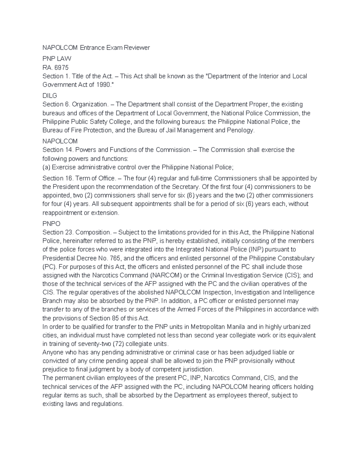 NAPOLCOM Entrance Exam Reviewer: PNP Law and Reorganization Insights ...