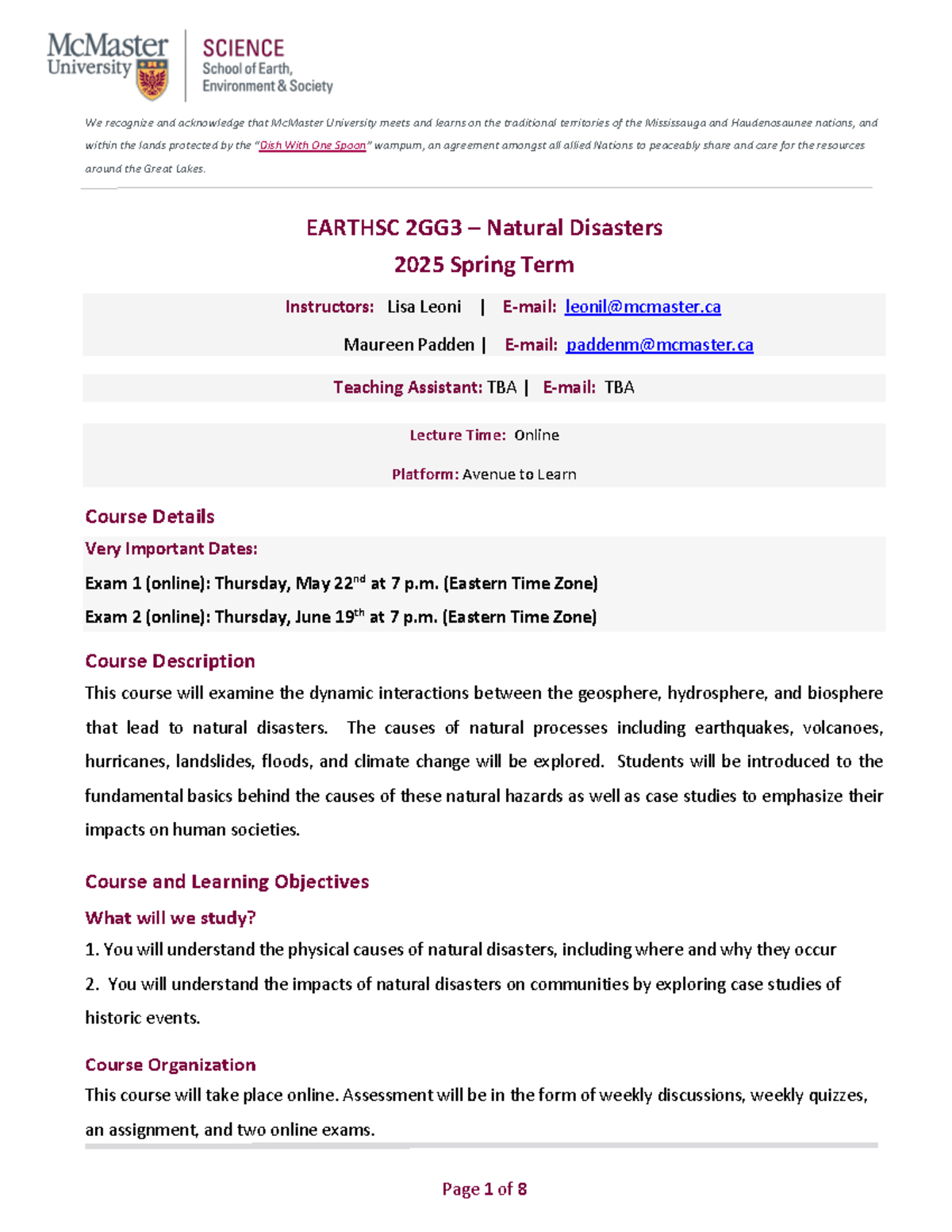 Course Outline: EARTHSC 2GG3 Natural Disasters - Spring 2025 - Studocu