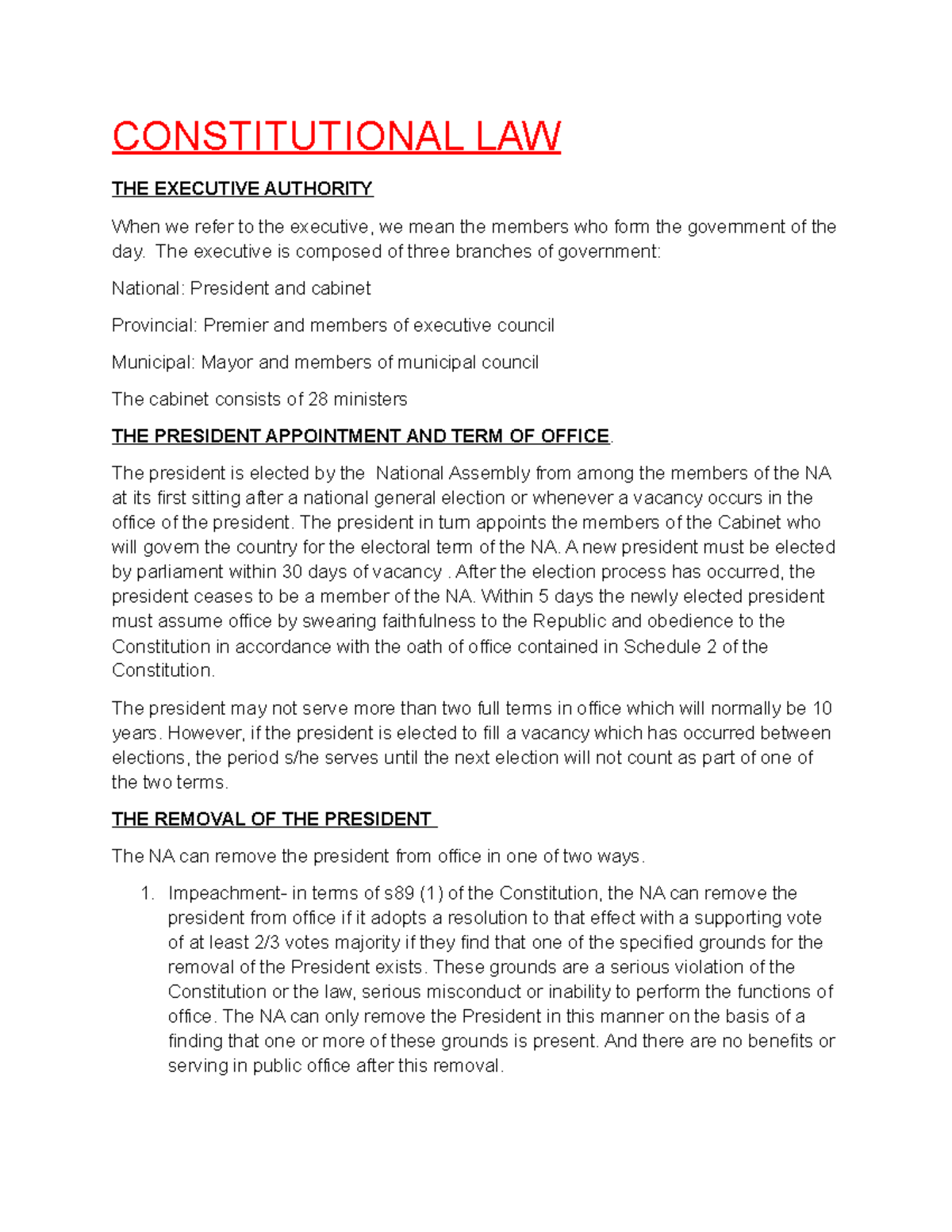 Constitutional Law: Executive Authority Study Notes (Topic 3) - Studocu