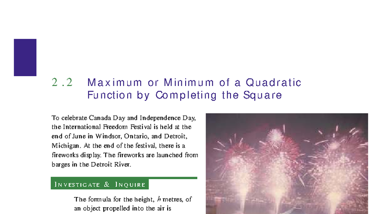 2.2 Maximum and Minimum Values of a Quadratic Function: Completing the ...