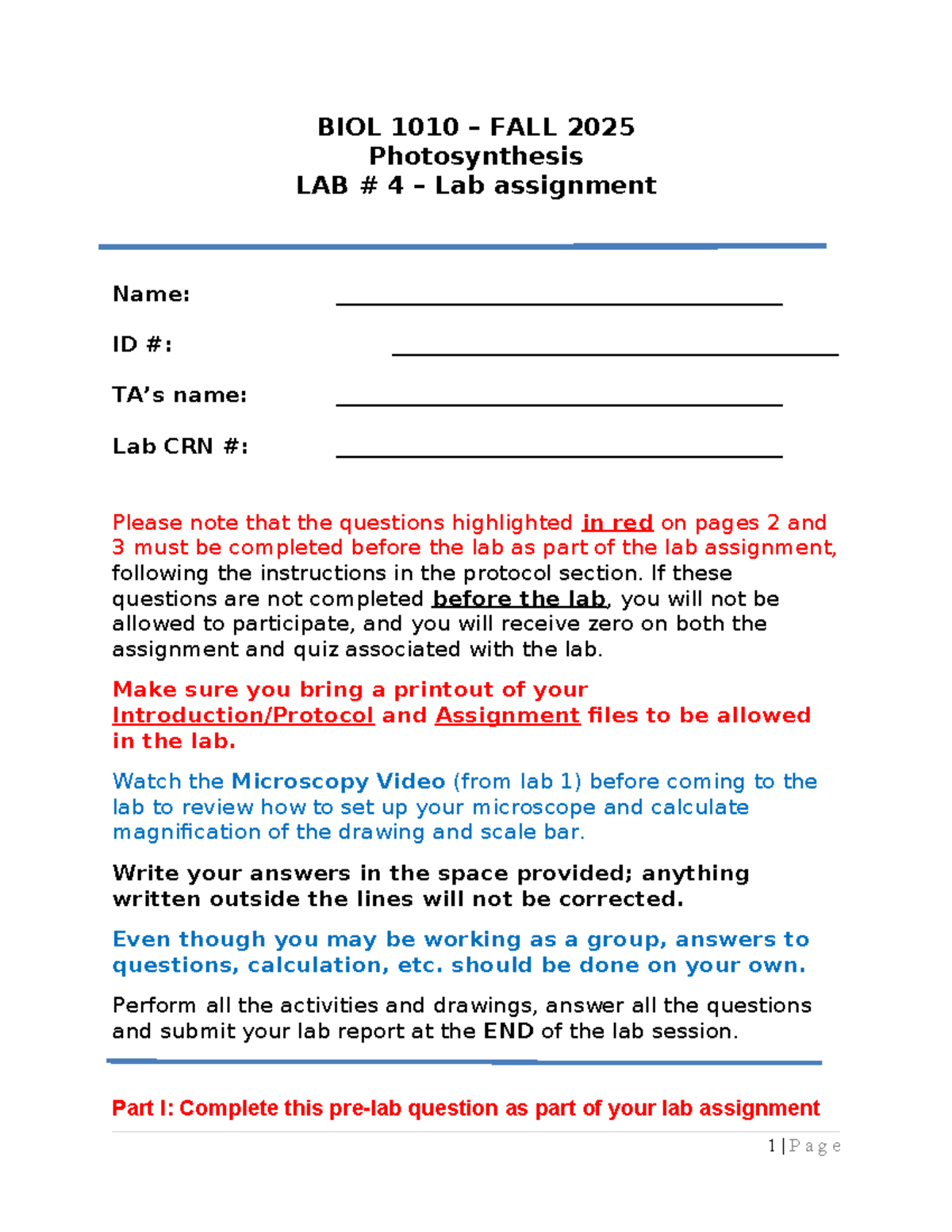 BIOL 1010 F2025 Photosynthesis Lab 4 Assignment Guide - Studocu