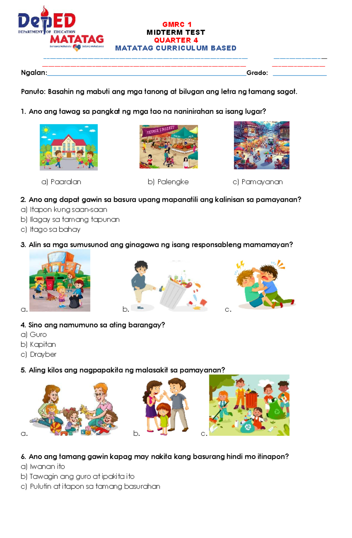 GMRC 1 MIDTERM TEST Q4: MATATAG CURRICULUM BASED - Studocu