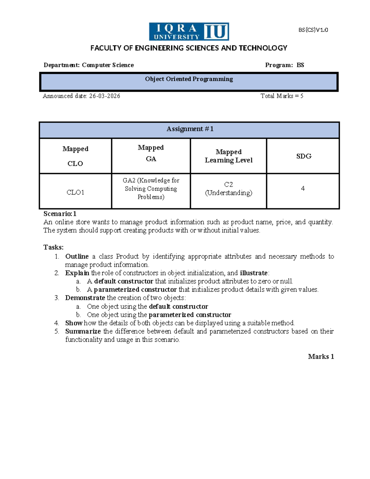 BS(CS)V1.0 Assignment 1: Object Oriented Programming Lab - Studocu