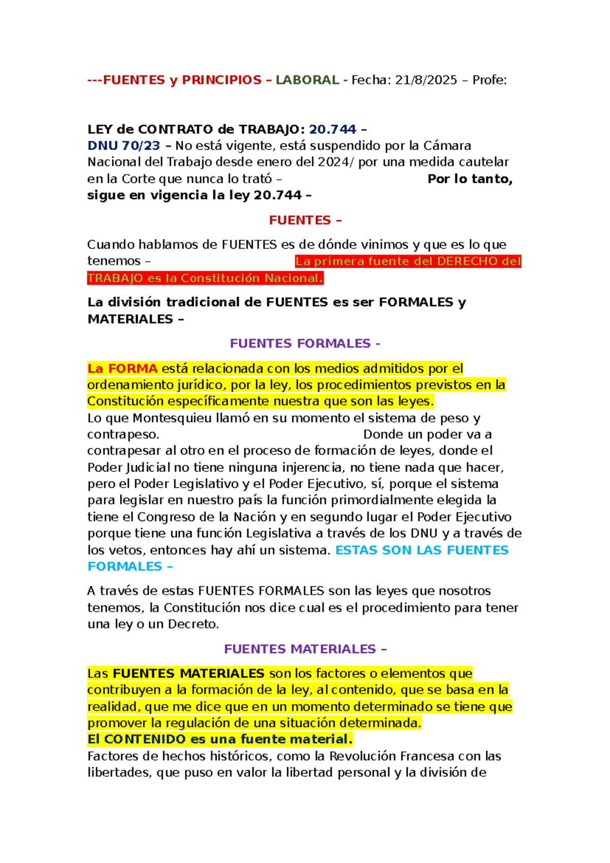 Fuentes y Principios del Derecho Laboral - Ley 20.744 - Studocu