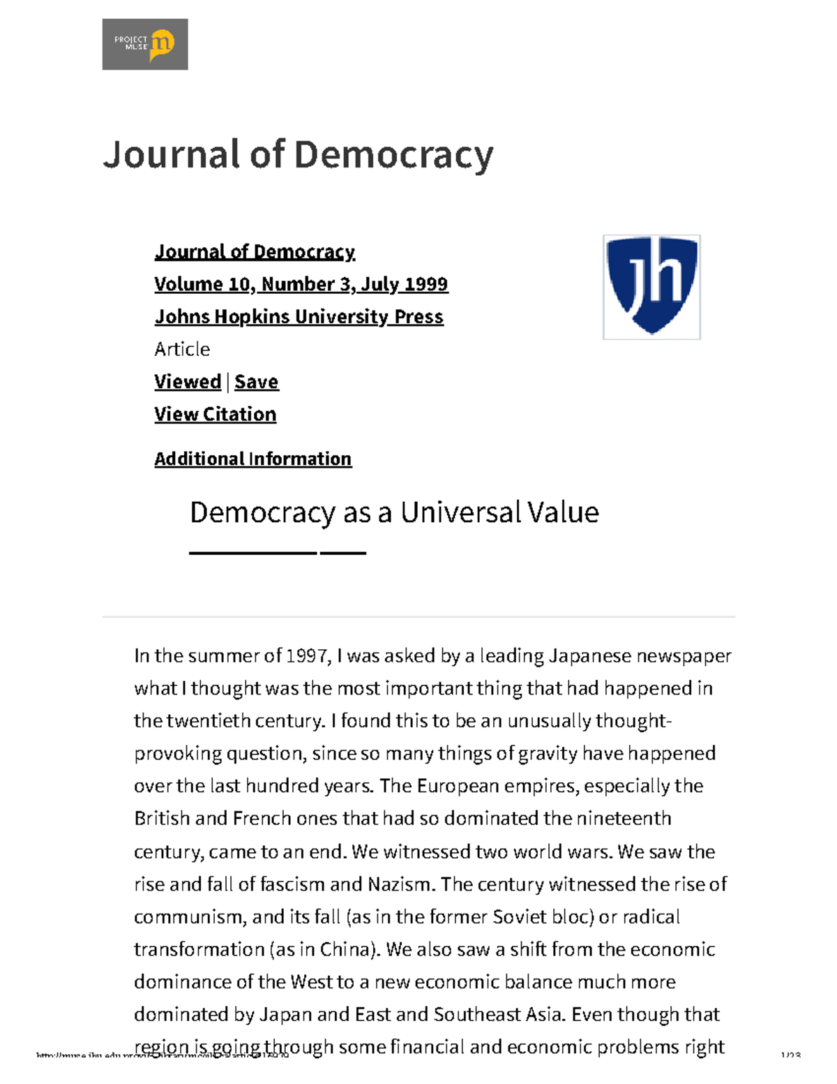 Democracy as a Universal Value - Amartya Sen - Journal of Democracy ...