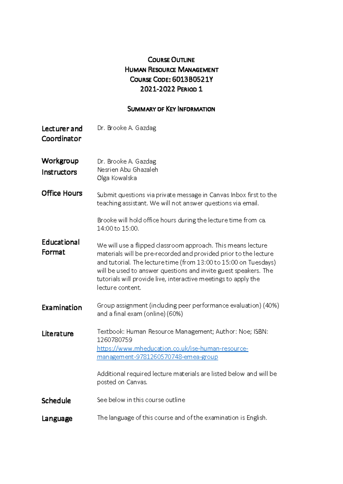 Human Resource Management syllabus 2021 - COURSE OUTLINE HUMAN RESOURCE ...