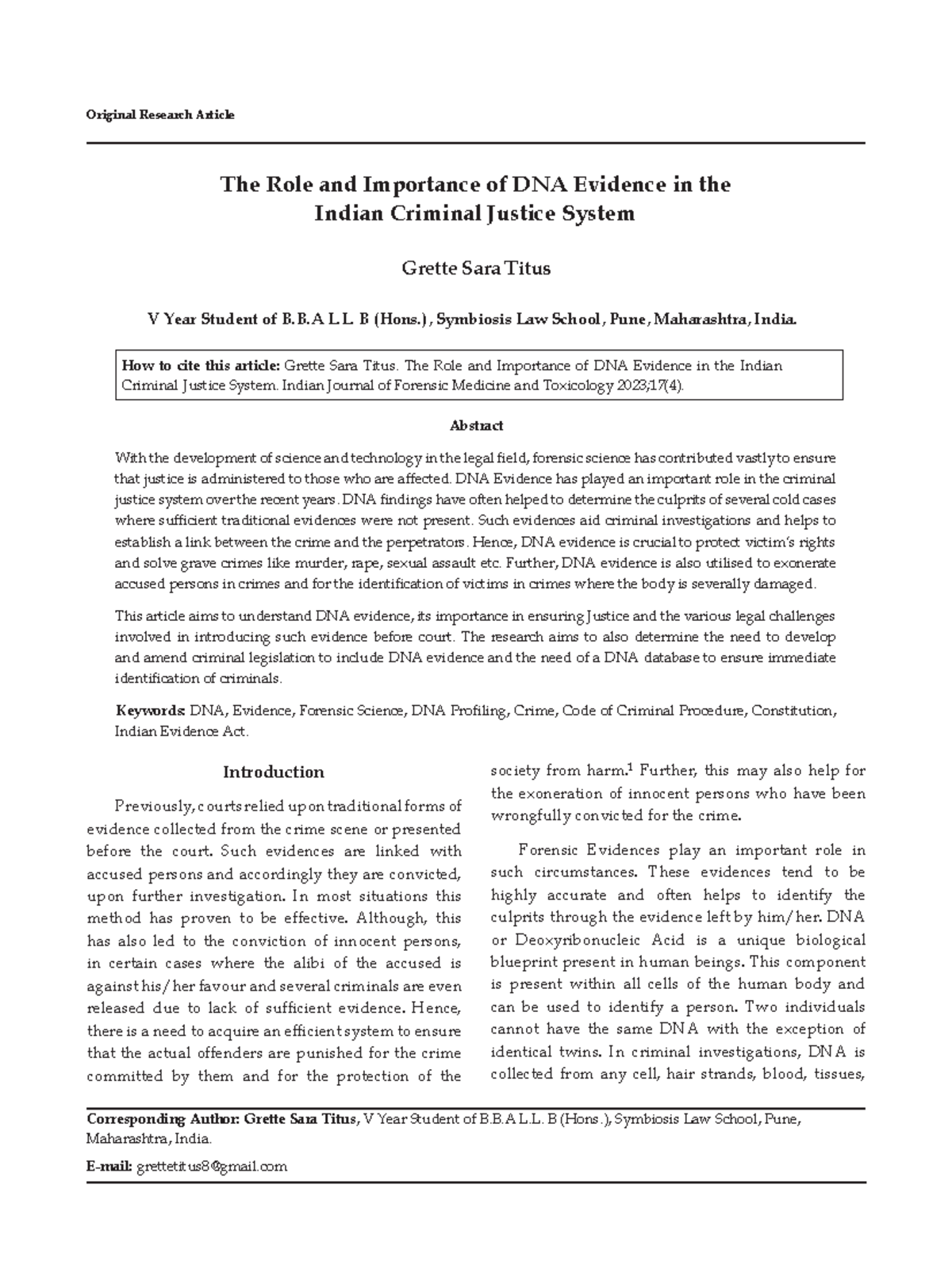 The Role and Importance of DNA Evidence in the Ind - Original Research ...
