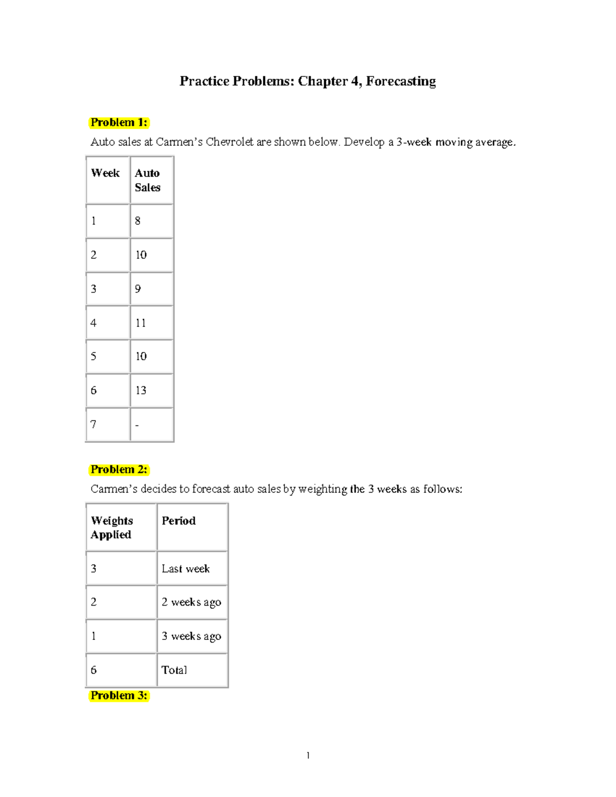 Ch. 4 Practice Problems - Practice Problems: Chapter 4, Forecasting Problem 1: Auto sales at ...