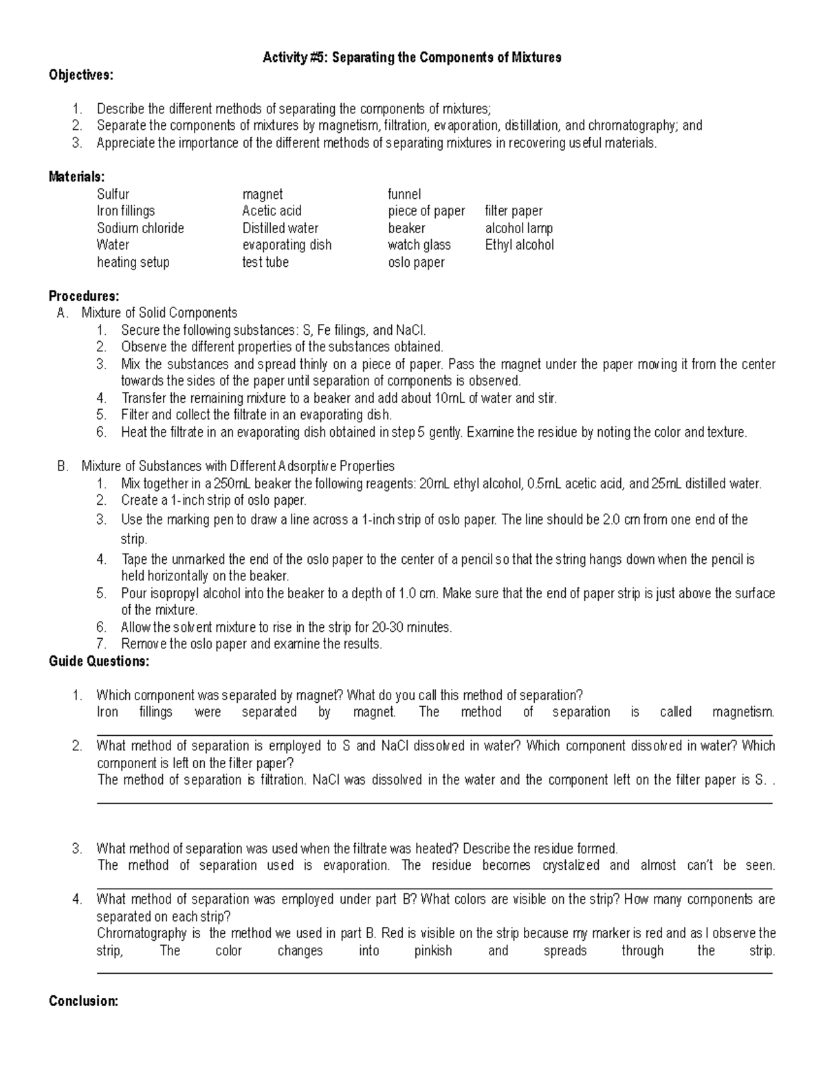 Laboratory Activity 5 Separating Mixtures - Activity #5: Separating the ...