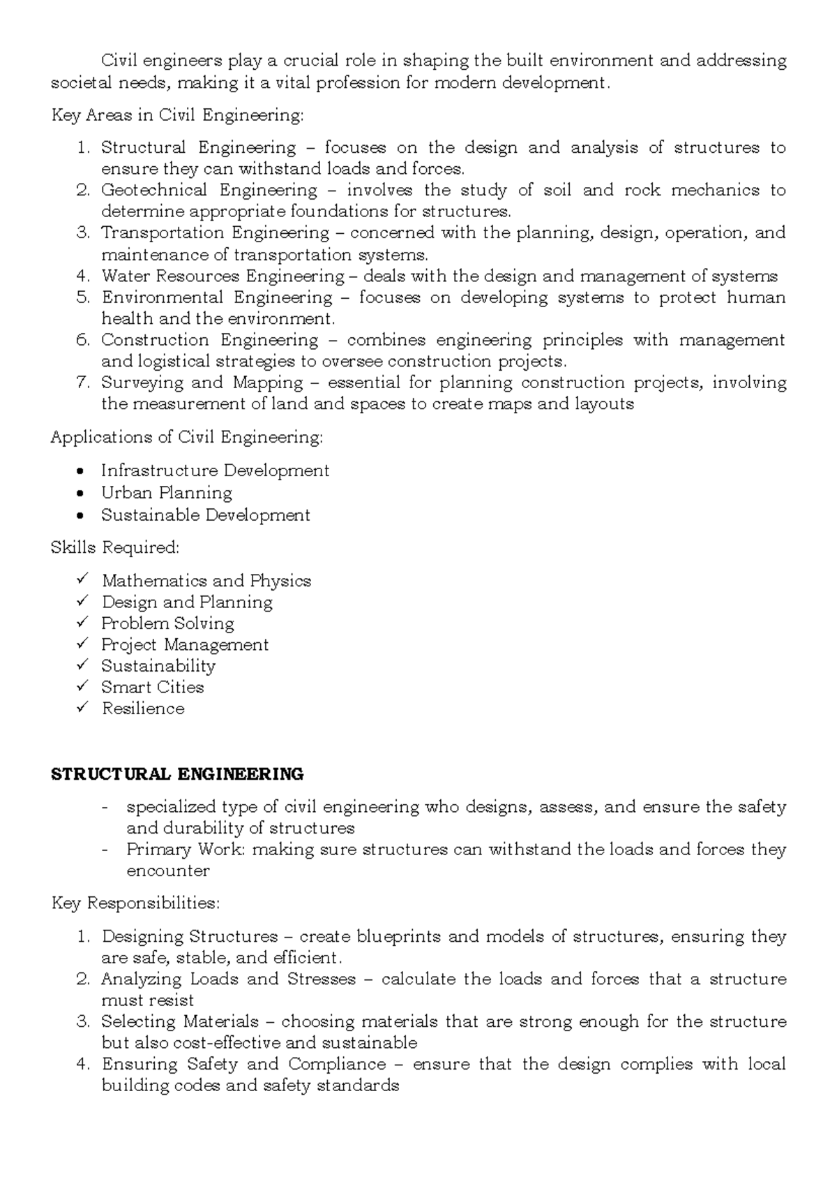 CE111 Civil Engineering Key Areas & Applications - Final Review - Studocu