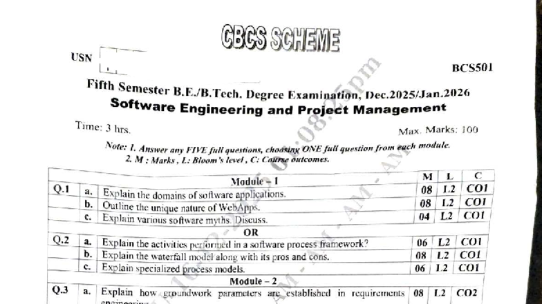 SEE Question Paper: SEPM BCS501 - Software Engineering Exam 2025 - Studocu