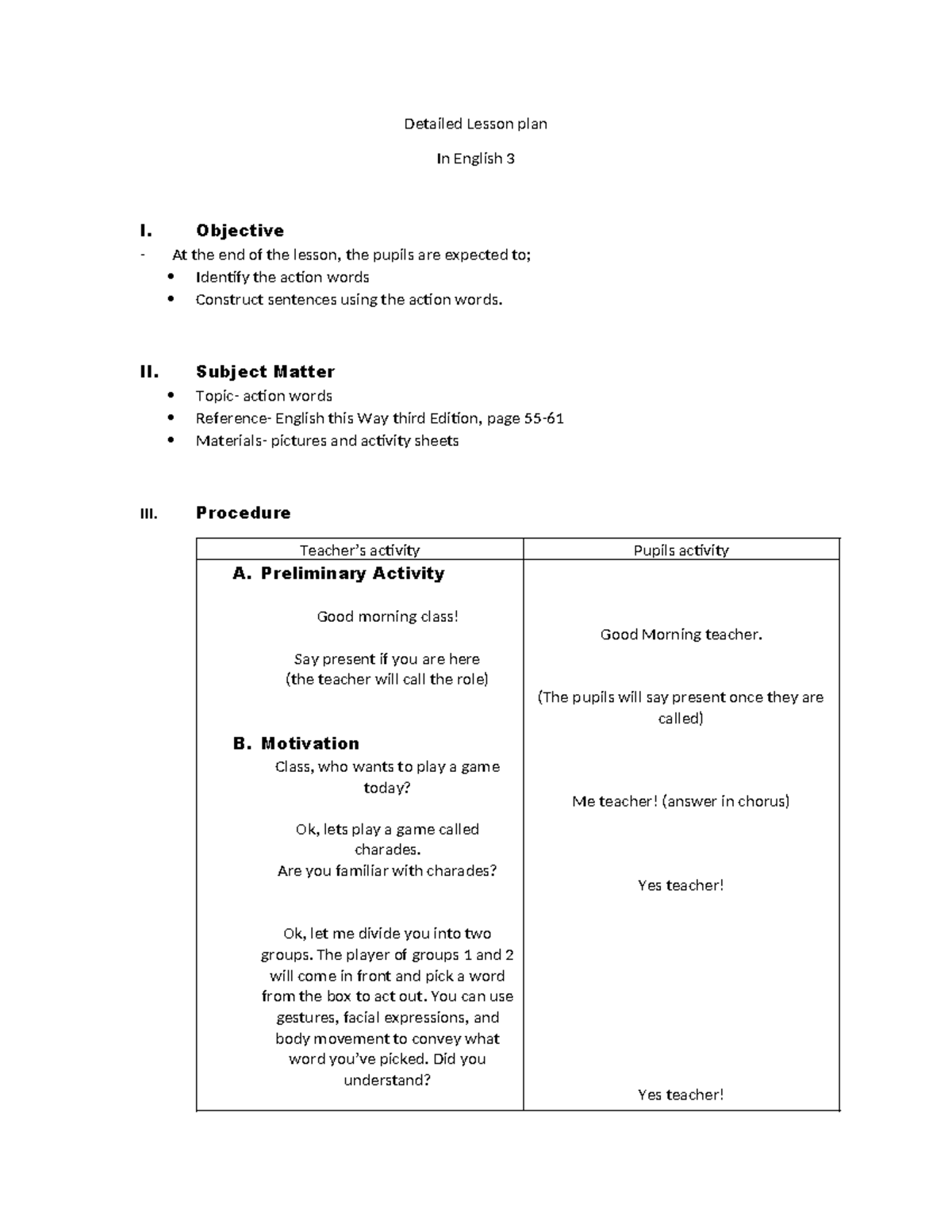 English 3 Detailed Lesson Plan: Action Words & Sentence Construction ...