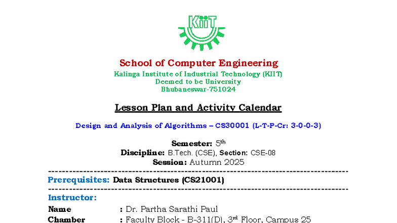 Autumn 2025 CS30001 DAA Complete Lesson Plan for CSE-08 - Studocu